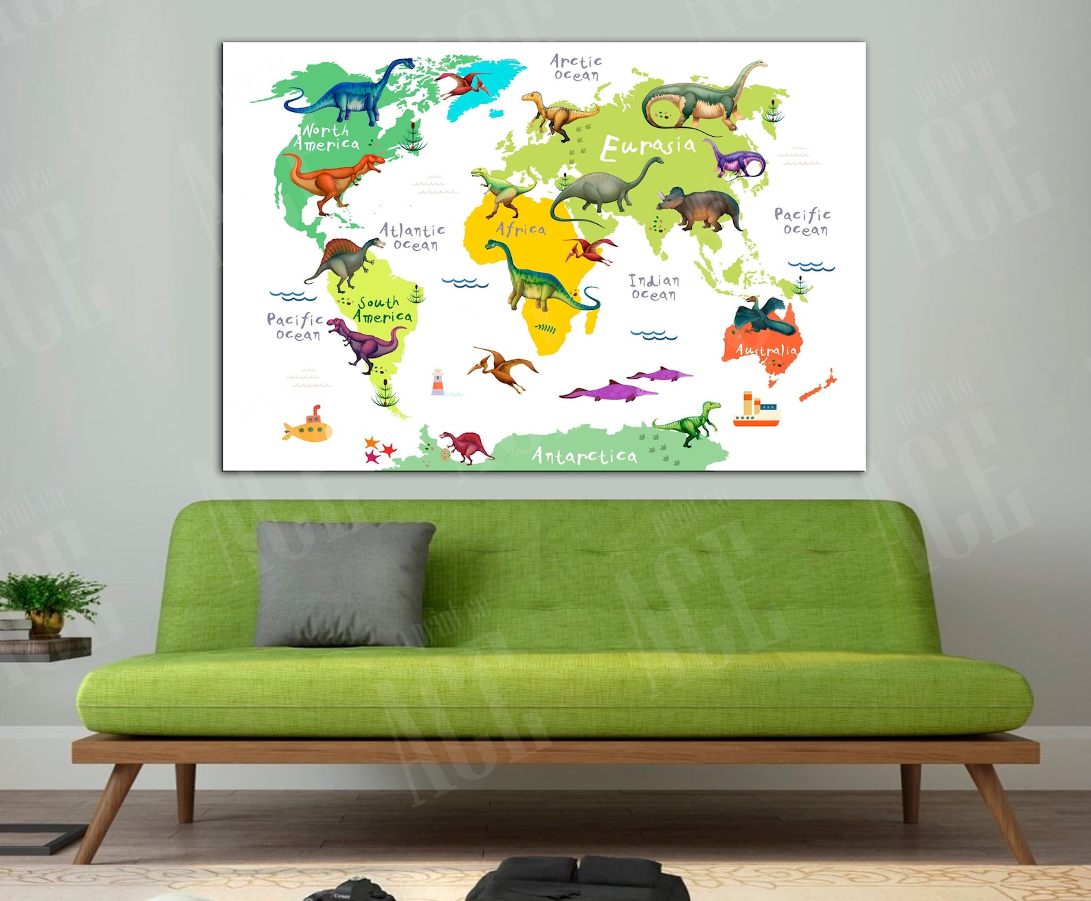 World Map Canvas Kid Room World Map Dinosaurs Decor for - Etsy