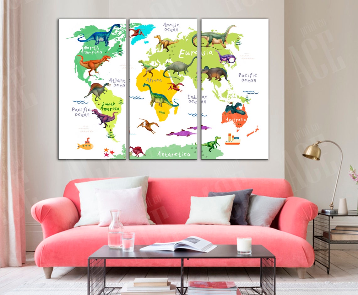 World Map Canvas Kid Room World Map Dinosaurs Decor for - Etsy