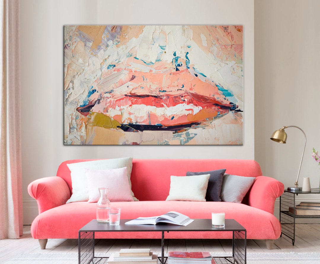 Pink Lips Painting: Modern Canvas Art Print - Etsy