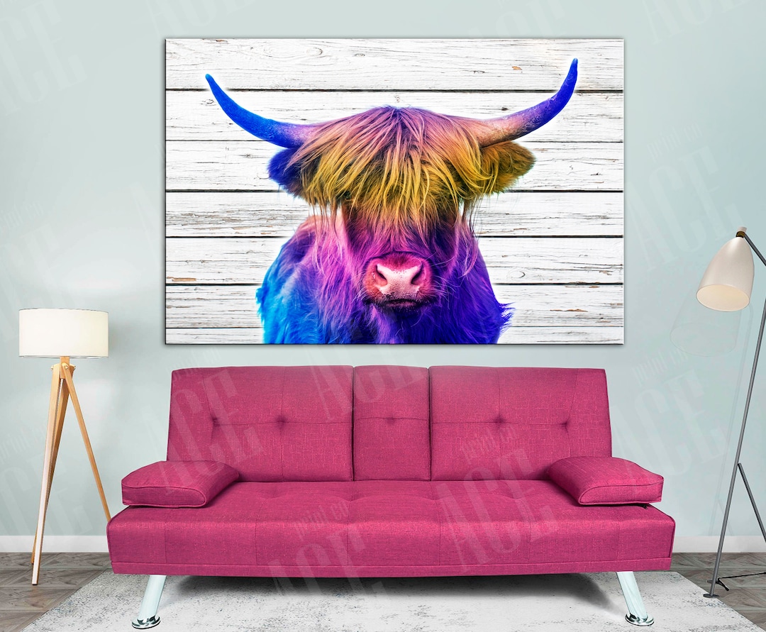 Multicolor Highland Cow Canvas, Cow Painting, Rustic Decor - Etsy