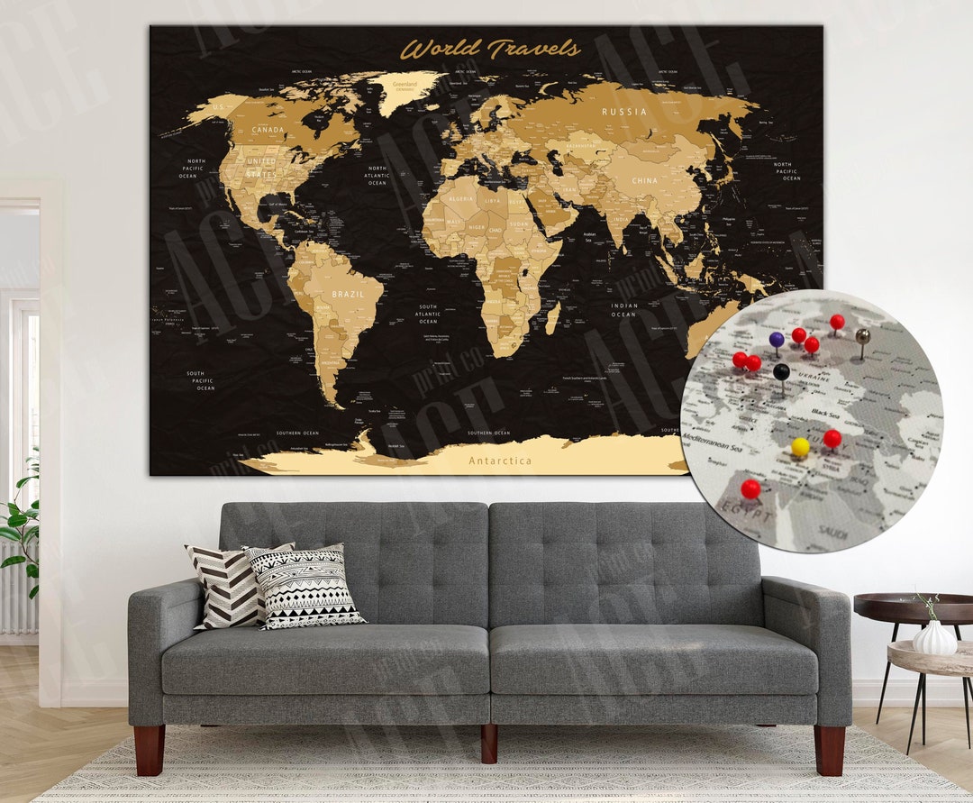 Push Pin World Map Canvas: Travel Tracker Print - Etsy