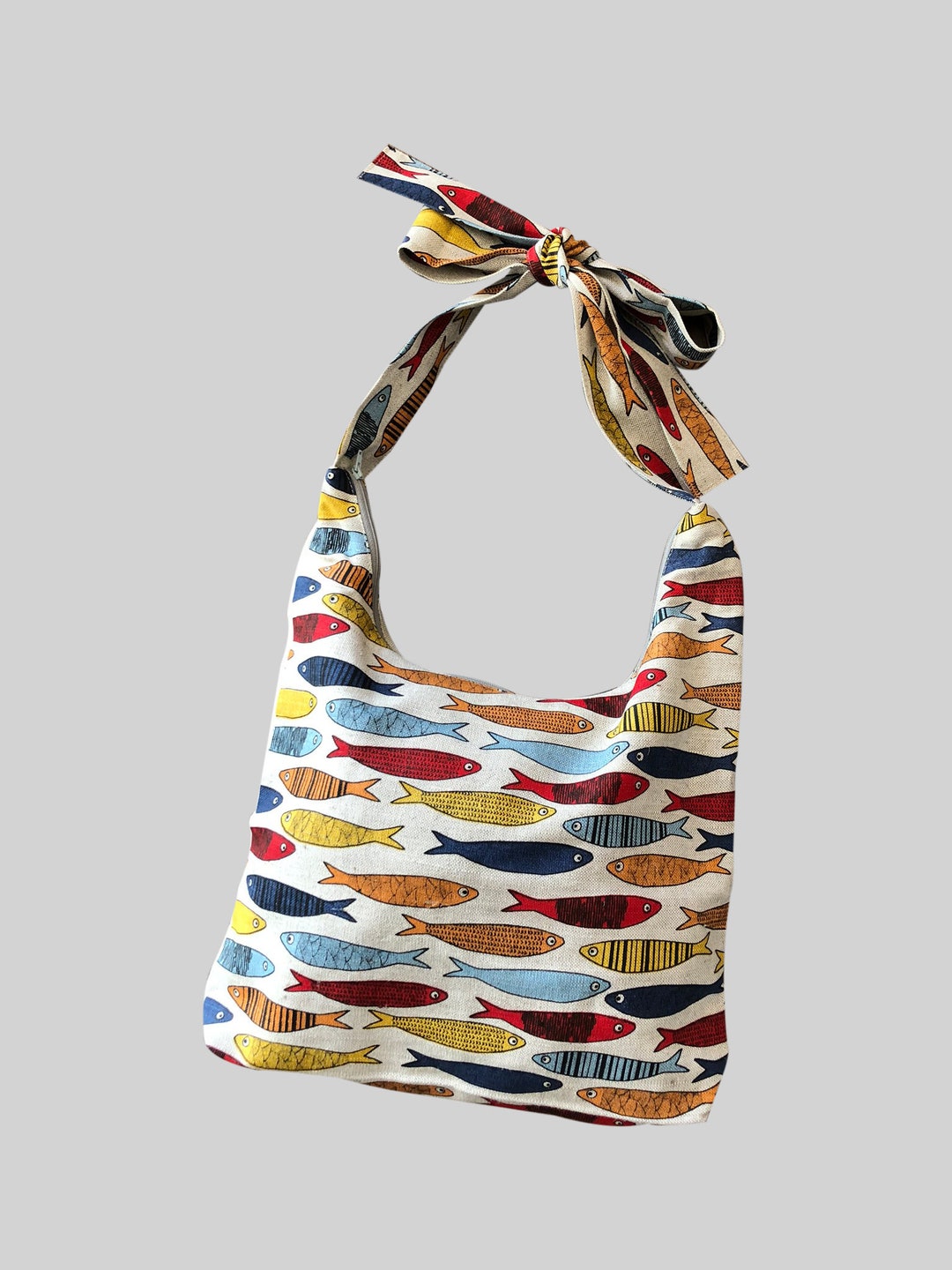 Linen Bag With Fish Pattern, Canvas Bag With Zipper, Natural Linen Bag ...