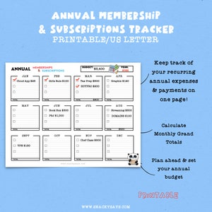 Annual Memberships & Subscriptions Tracker, Printable, Digital Planner ...