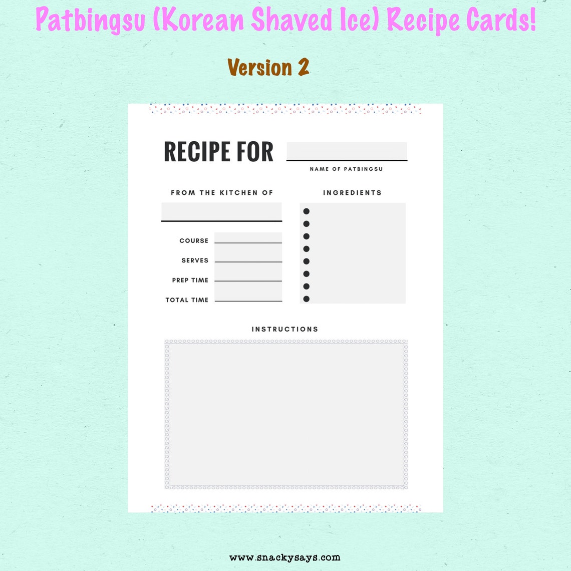Patbingsu 팥빙수 korean Shaved Ice Recipe Cards, Printable, US Letter - Etsy