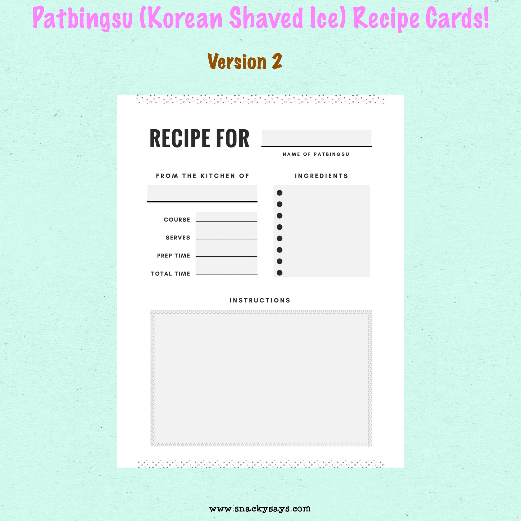 Patbingsu 팥빙수 korean Shaved Ice Recipe Cards, Printable, US Letter - Etsy