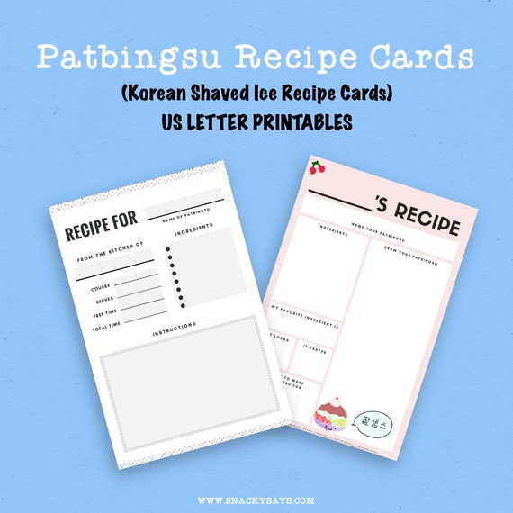Patbingsu 팥빙수 korean Shaved Ice Recipe Cards Printable US - Etsy