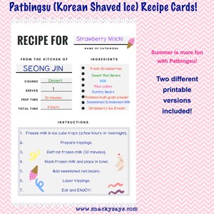 Patbingsu 팥빙수 korean Shaved Ice Recipe Cards, Printable, US Letter - Etsy