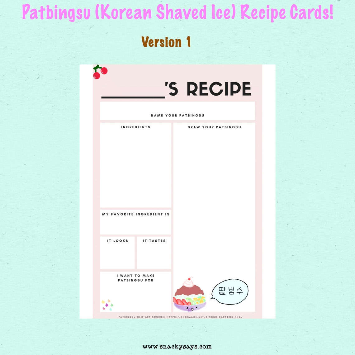 Patbingsu 팥빙수 korean Shaved Ice Recipe Cards, Printable, US Letter - Etsy
