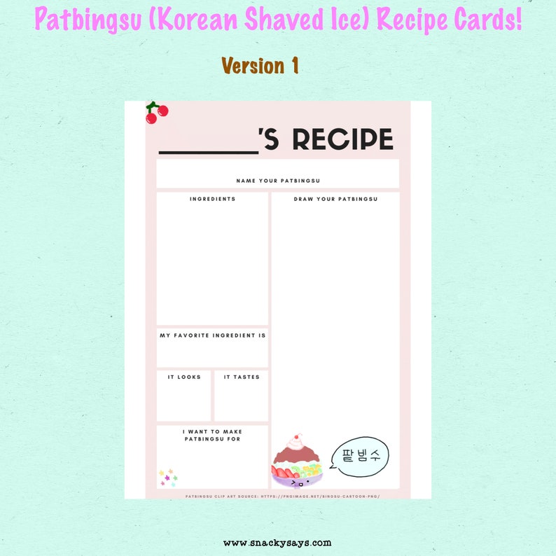 Patbingsu 팥빙수 korean Shaved Ice Recipe Cards, Printable, US Letter - Etsy