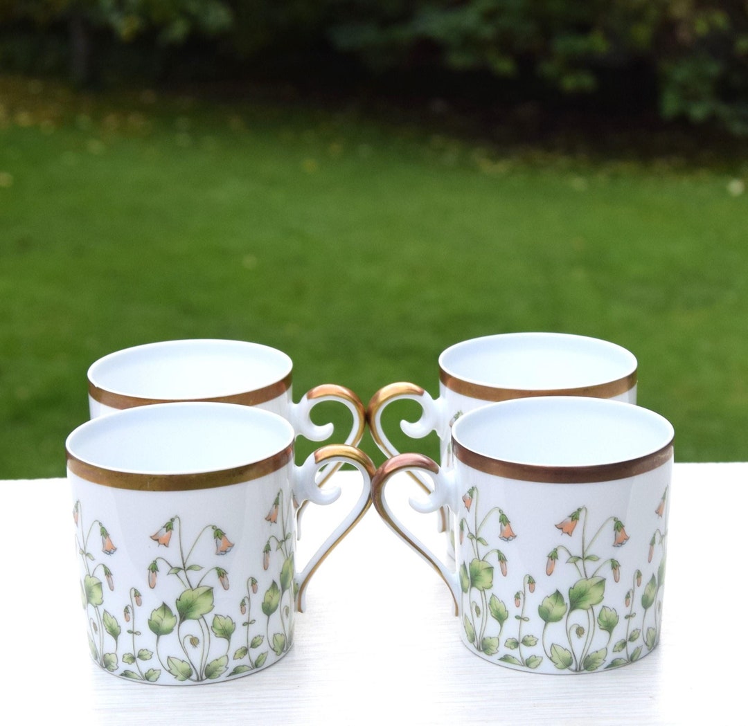 4 LINNEA TWINFLOWER Coffee Cups With Golden Rim Hackefors Porslin ...