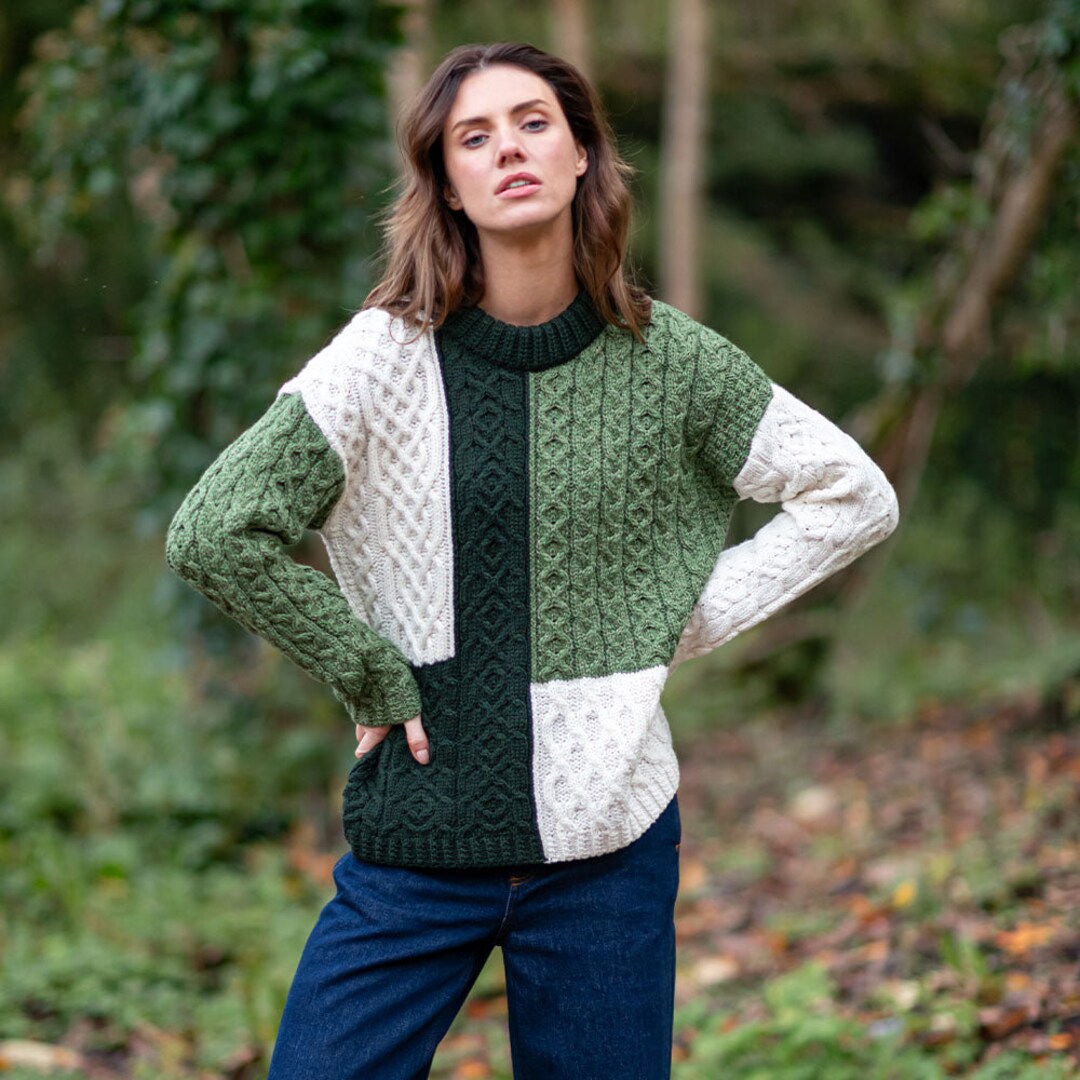 Green Patchwork Crew Neck Aran Sweater - Etsy