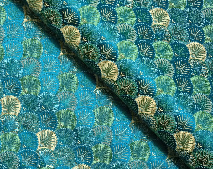 Teal Green Shells Brocade Fabric, Jacquard Fabric, Fabric by the Yard ...