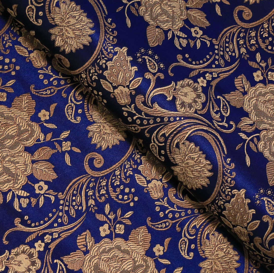 Navy Blue & Antique Gold Floral Brocade Fabric, Jacquard Textile by the ...