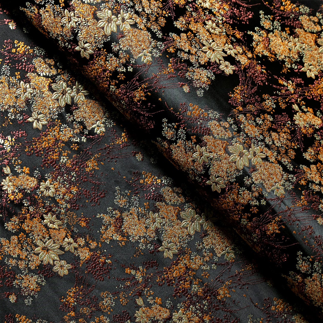 Black Brocade Fabric, Jacquard Textile, Gold Floral Pattern ...