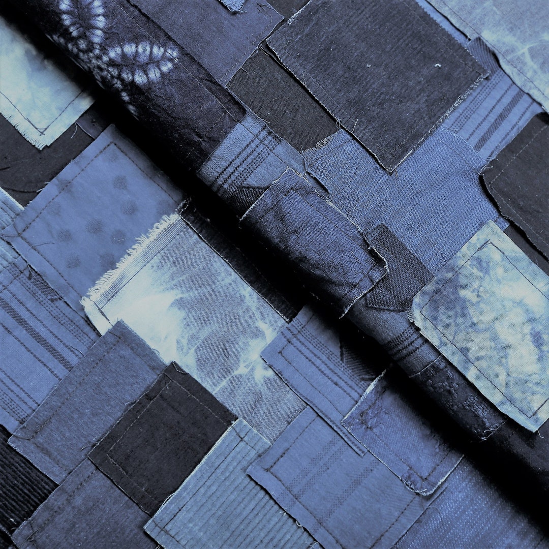 Boro Style Patchwork Fabric, Hand Made Piece, Blue Tone Color, 21" Wide ...