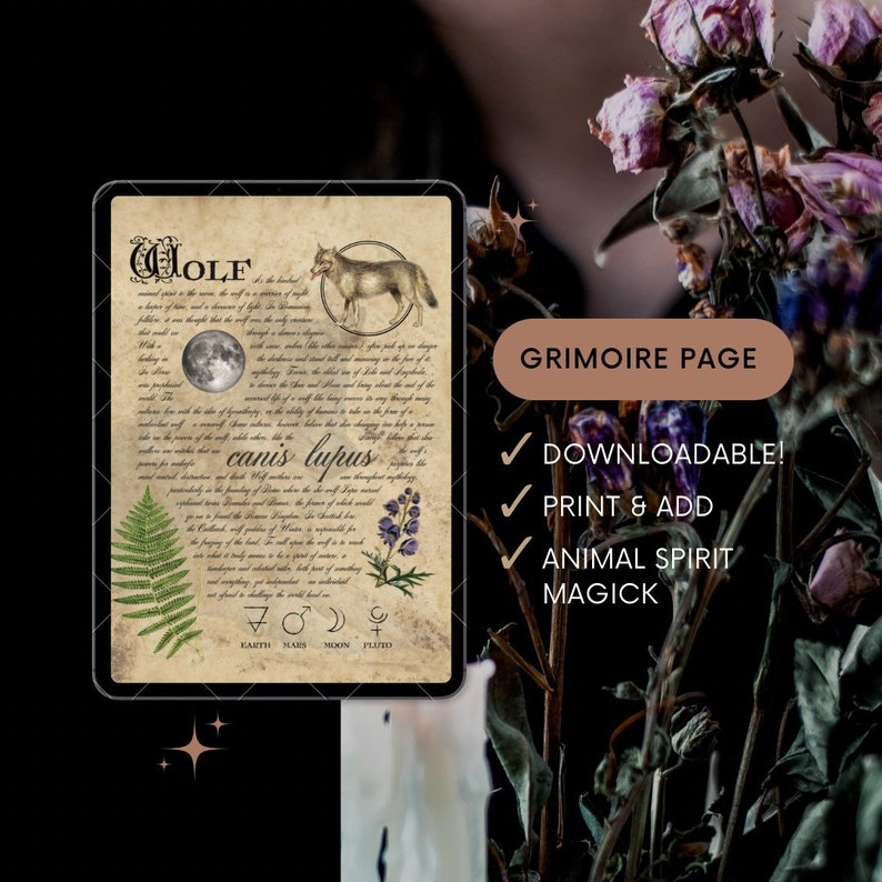 WOLF Grimoire Page Printable PDF Digital Download for Familiars Animal Spirit Guides for Magick ...