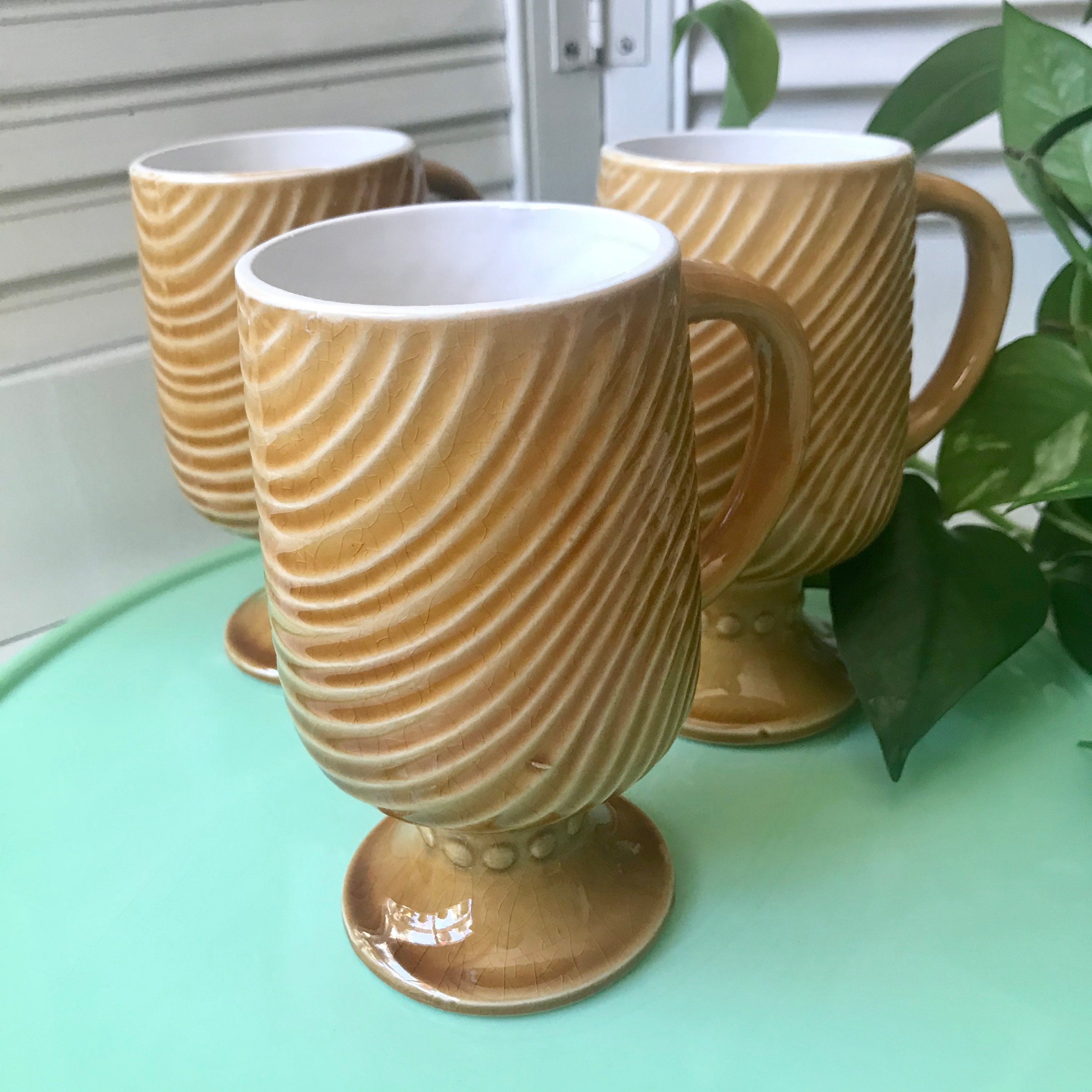 MCM Brown Ceramic Pedestal Mugs Set of 3 Delicate Swirl Pattern ...