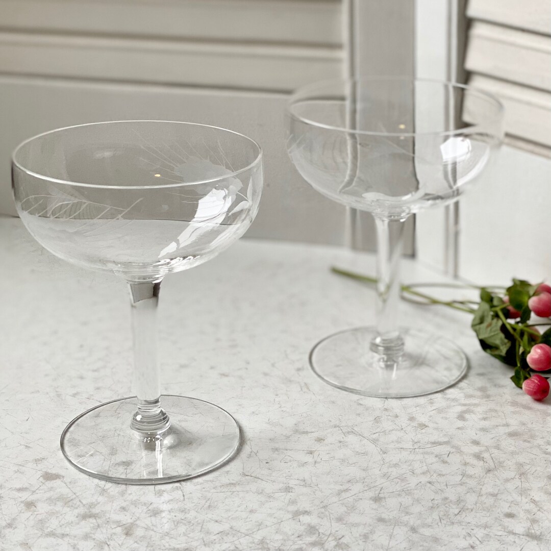 Vintage Etched Champagne Coupe Glasses - Mid Century Barware (set of 2 ...