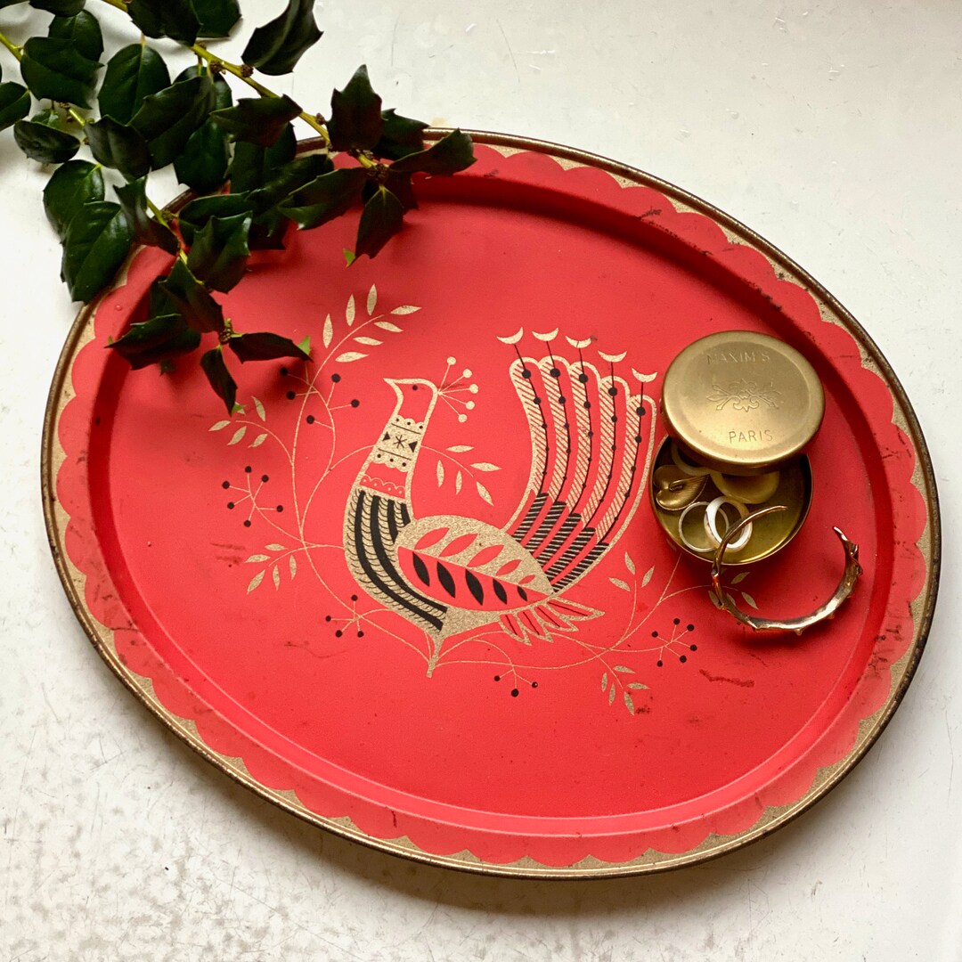 Red & Gold Vintage Tray // Vintage 60s Home // Retro Decor // Beverage ...