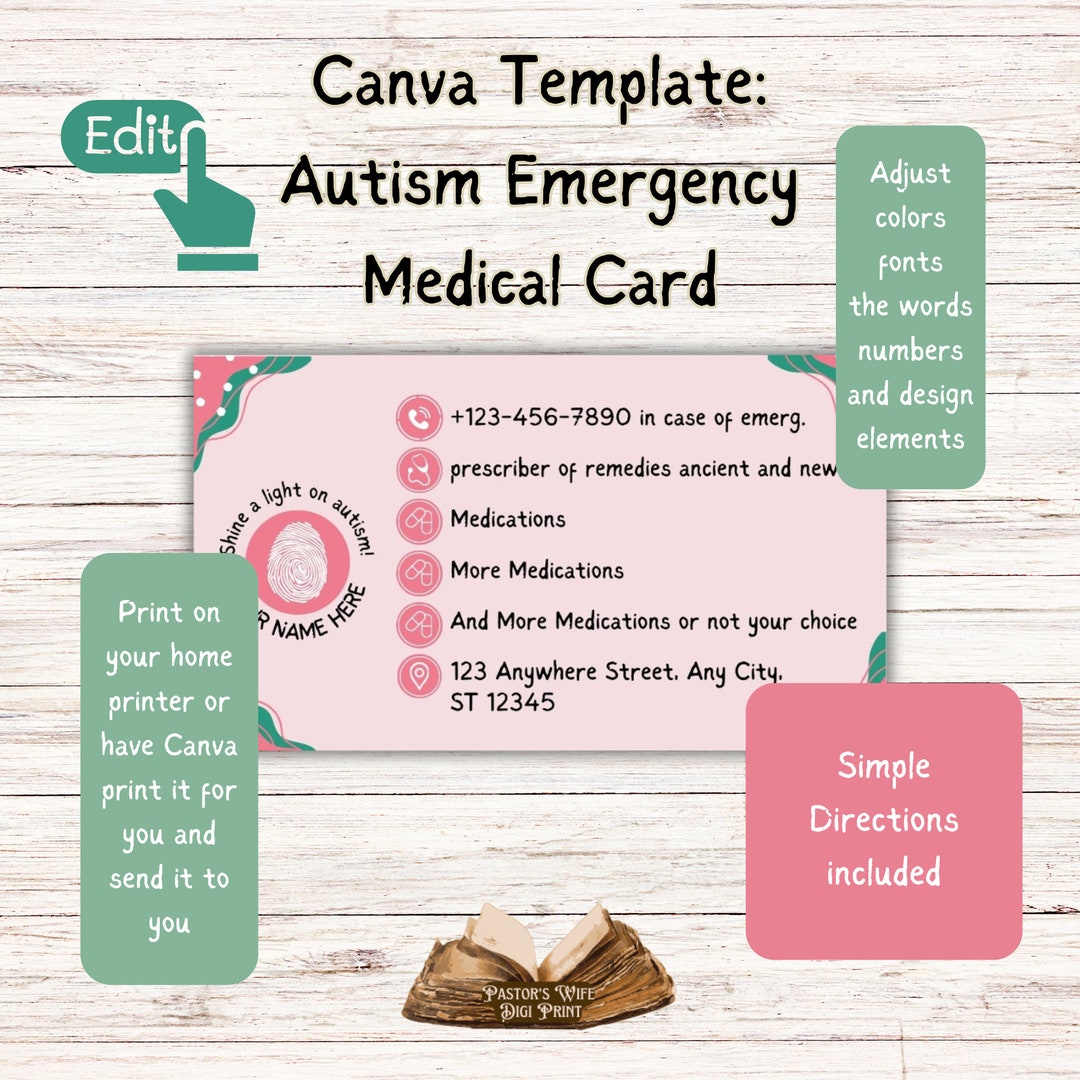 Canva Template, Autism Emergency, Medical Card, for Child, for Adult - Etsy
