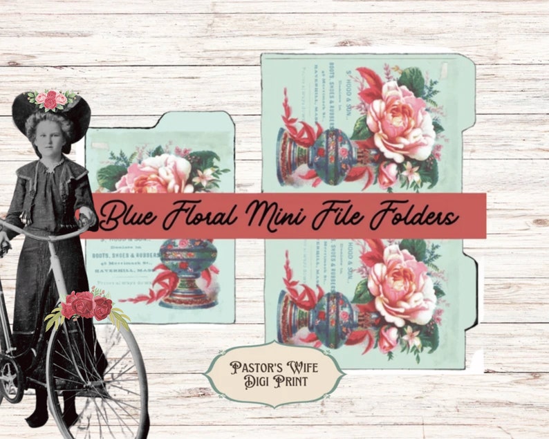 Blue Floral, Mini File Folders, Digital Mini File Folders, Green Floral ...