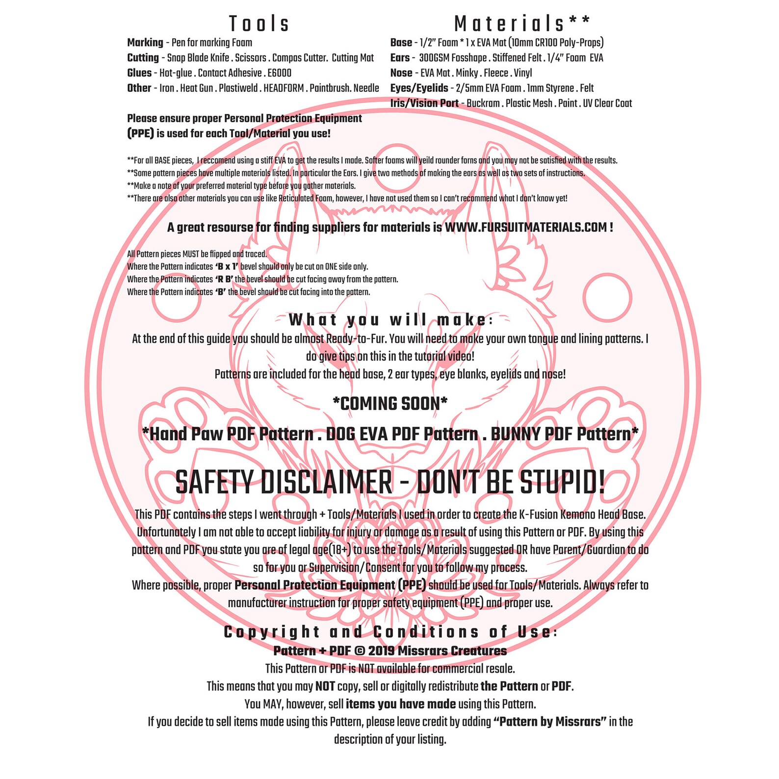 PDF PATTERN Big Cat 'NERO' Kemono 'k-fusion' Fursuit Head Base ...