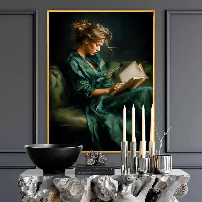 Vintage Woman Reading Book Oil Painting, Romantic Green Figurative Art ...