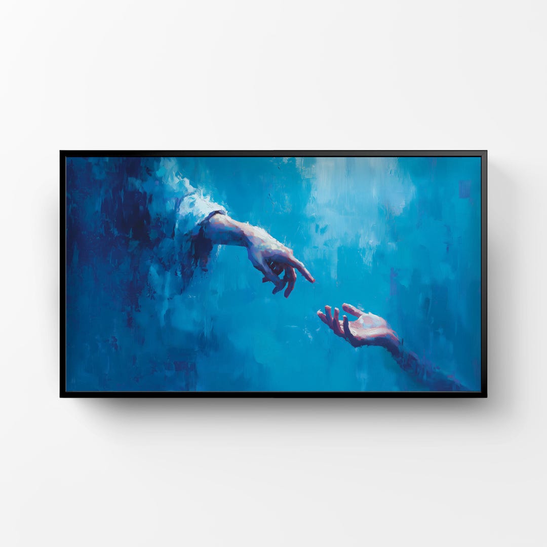 Michelangelo Inspired Two Hands Abstract Art, Blue Wall Print Painting ...