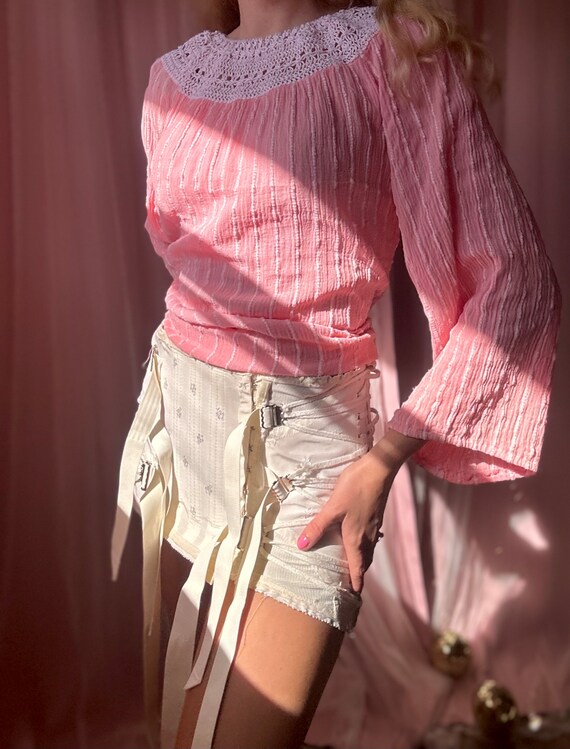 1900s pink organdy cotton crochet yoke blouse - Gem