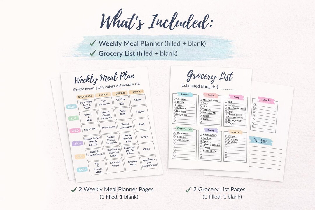 Picky Eater Meal Planner Printable | Weekly Meal Plan for Kids | Family ...