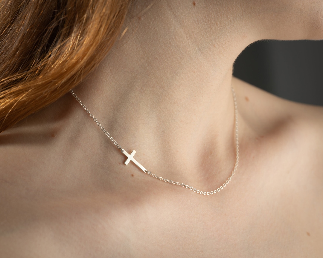 14K Gold Sideways Cross Necklace, Sideways Crucifix Necklace, Religious ...
