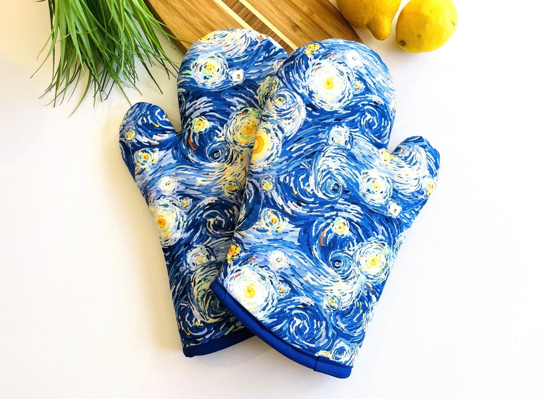 Ready to Ship. Starry Night Blue Yellow Swirls. Oven Mitts, Potholders ...