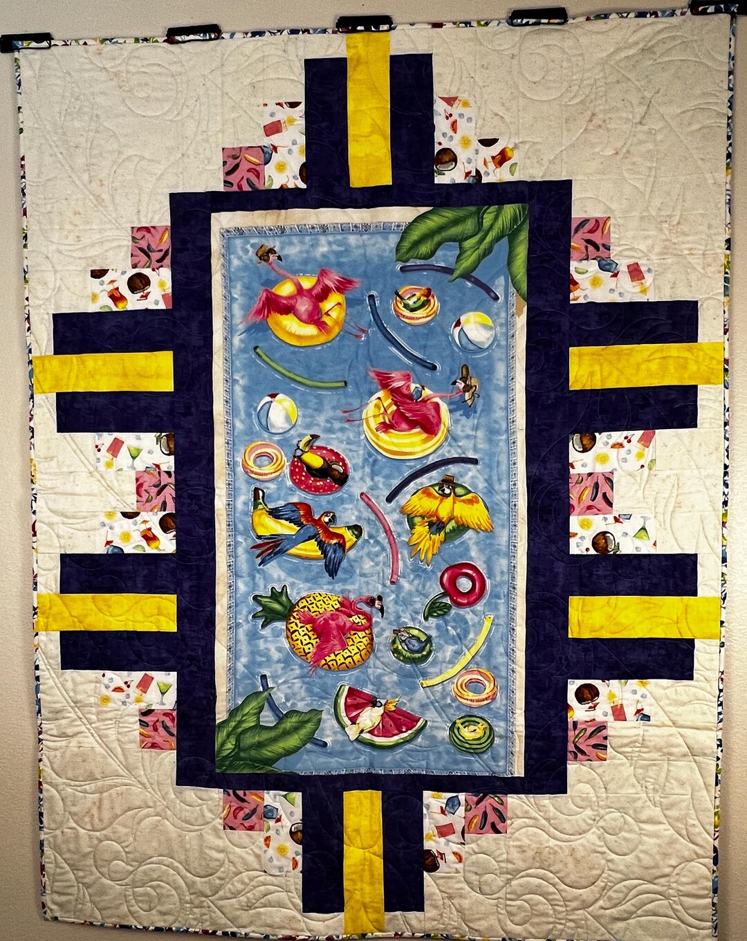 Flamingo Pool Party Quilt | Tropical Birds & Fruit | Summer Picnic or ...