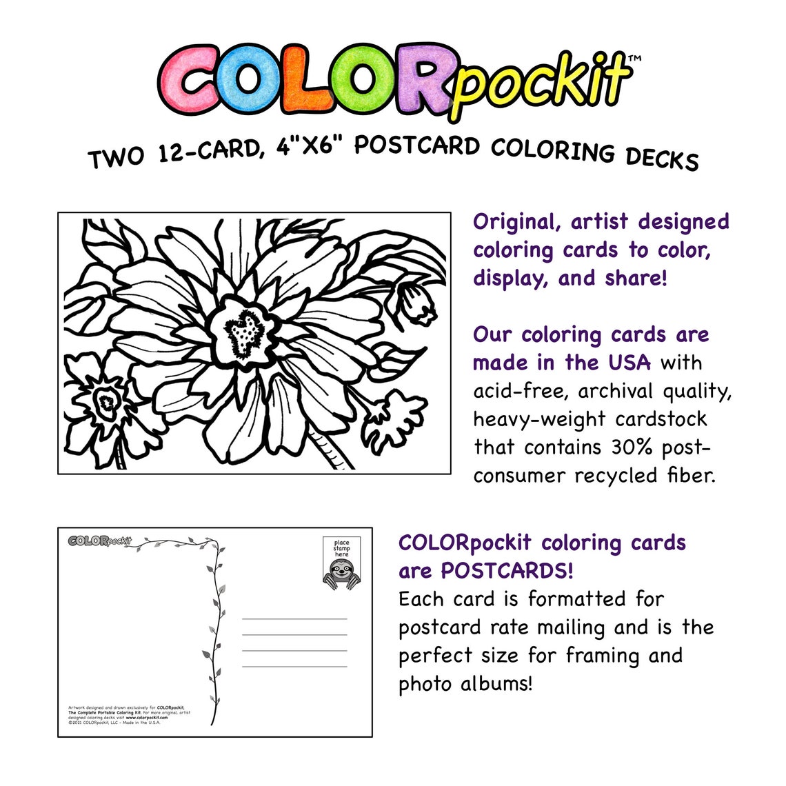 Colorpockit 4x6 Postcard Coloring Book Card 2 Deck Bundle With Round ...