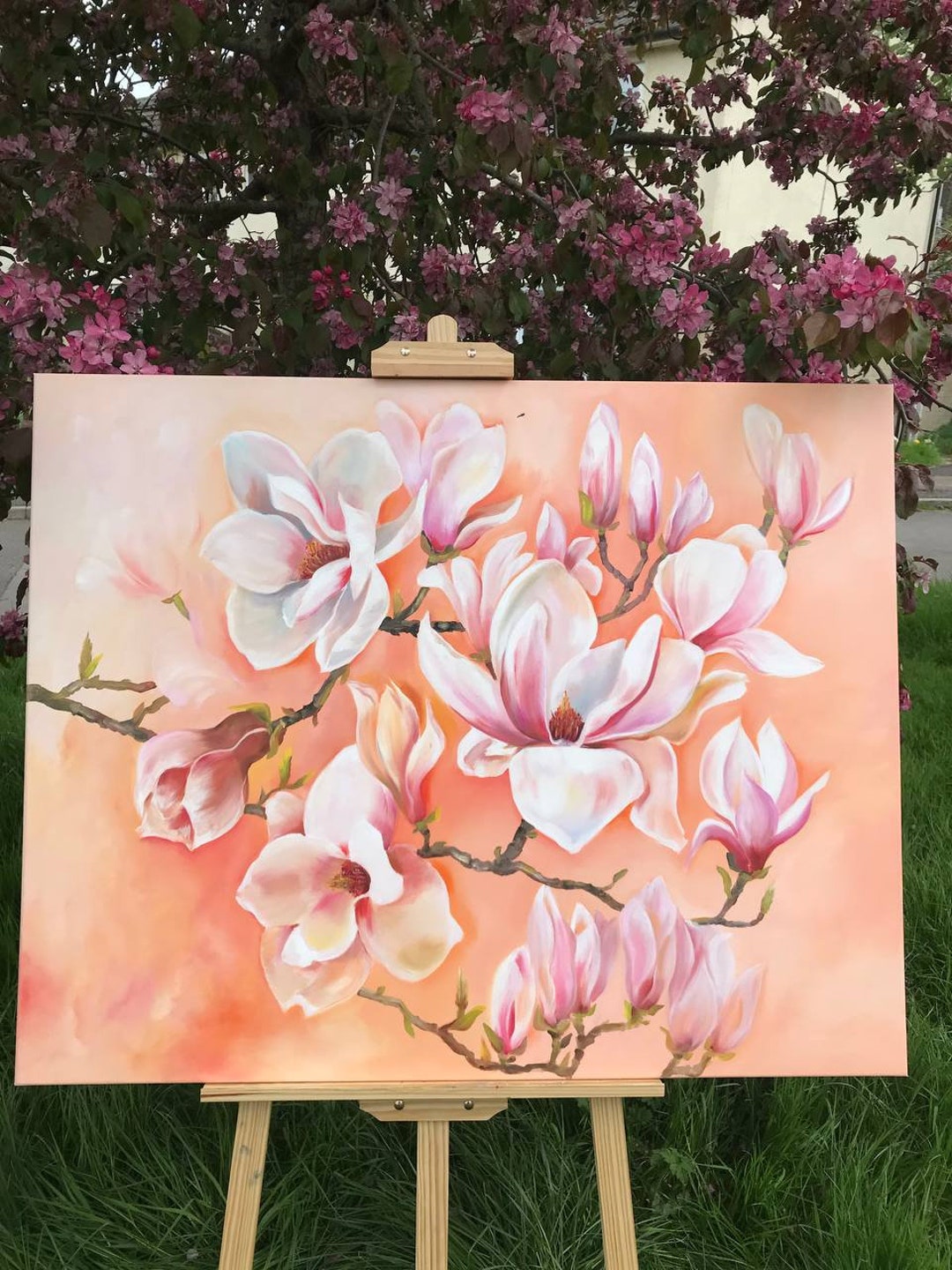 Magnolias on a Peach Background. Size 80*100cm - Etsy