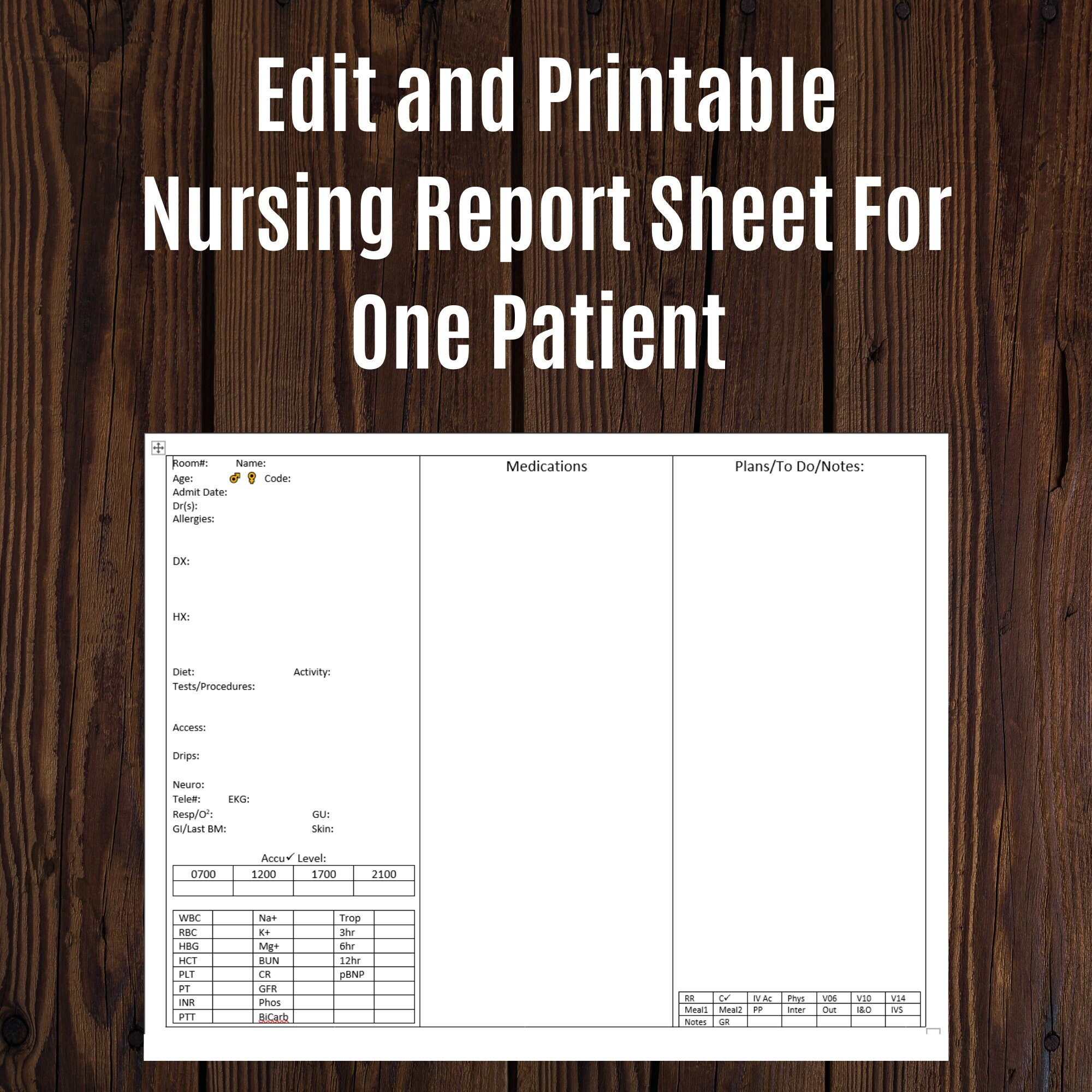 Printable Nursing Report Sheet One Patient #1 - Etsy
