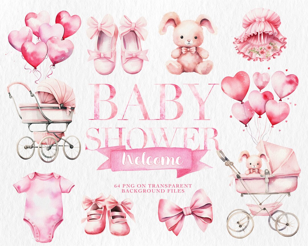 64 Watercolor Baby Shower Cliparts, Baby Shower Girl Clipart Pack, Baby ...