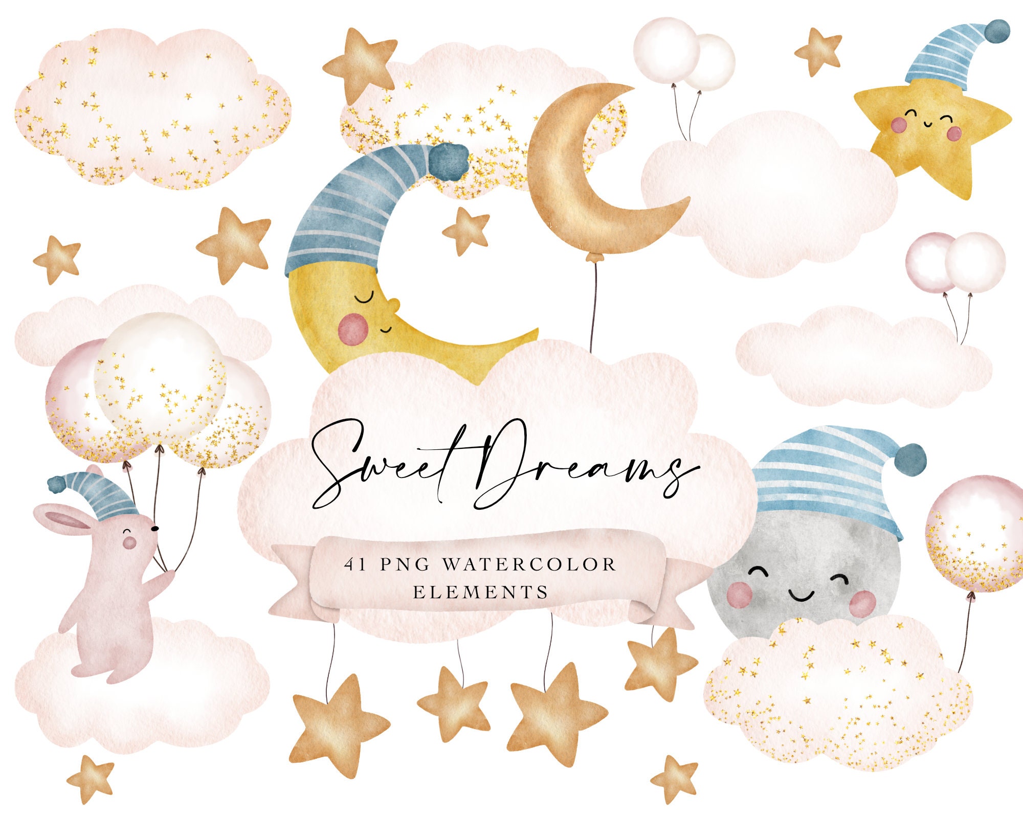 Sweet Dreams Watercolor Clipart Nursery Watercolor Bunny - Etsy