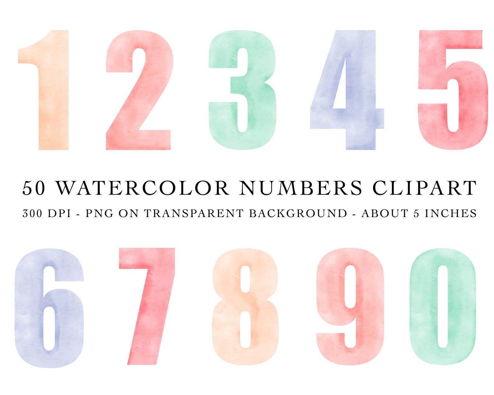 Watercolor Pastel Numbers Clipart. Numeral Clip Art Digital - Etsy