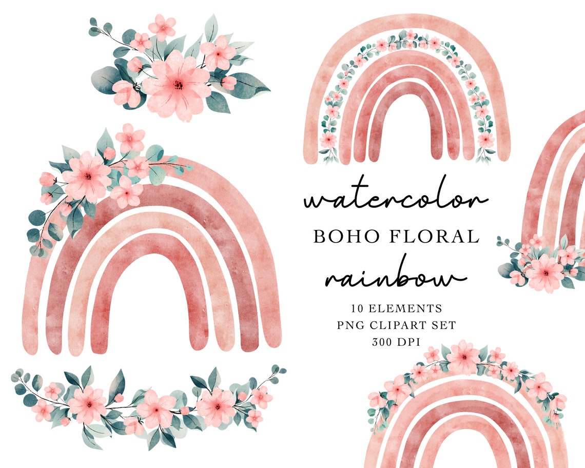 Boho Rainbow Floral Watercolor Clipart Set, Pastel Dusty Pink Flowers ...
