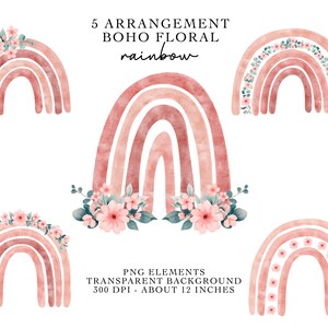 Boho Rainbow Floral Watercolor Clipart Set, Pastel Dusty Pink Flowers ...
