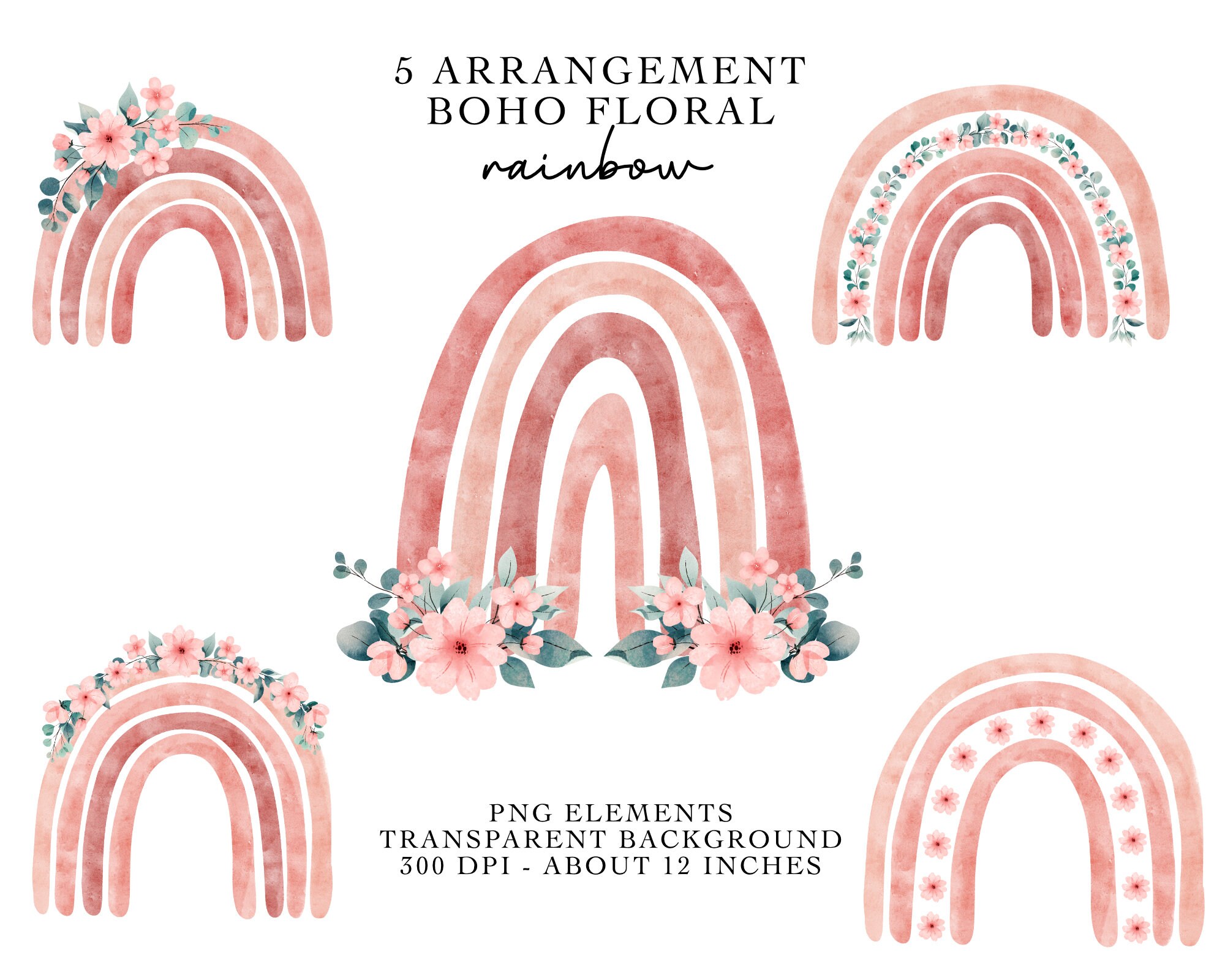 Boho Rainbow Floral Watercolor Clipart Set, Pastel Dusty Pink Flowers ...