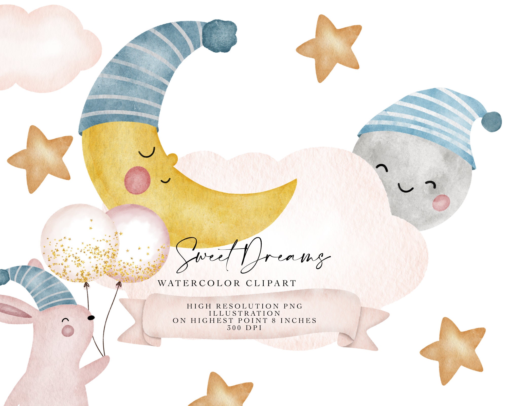 Sweet Dreams Watercolor Clipart Nursery Watercolor Bunny - Etsy