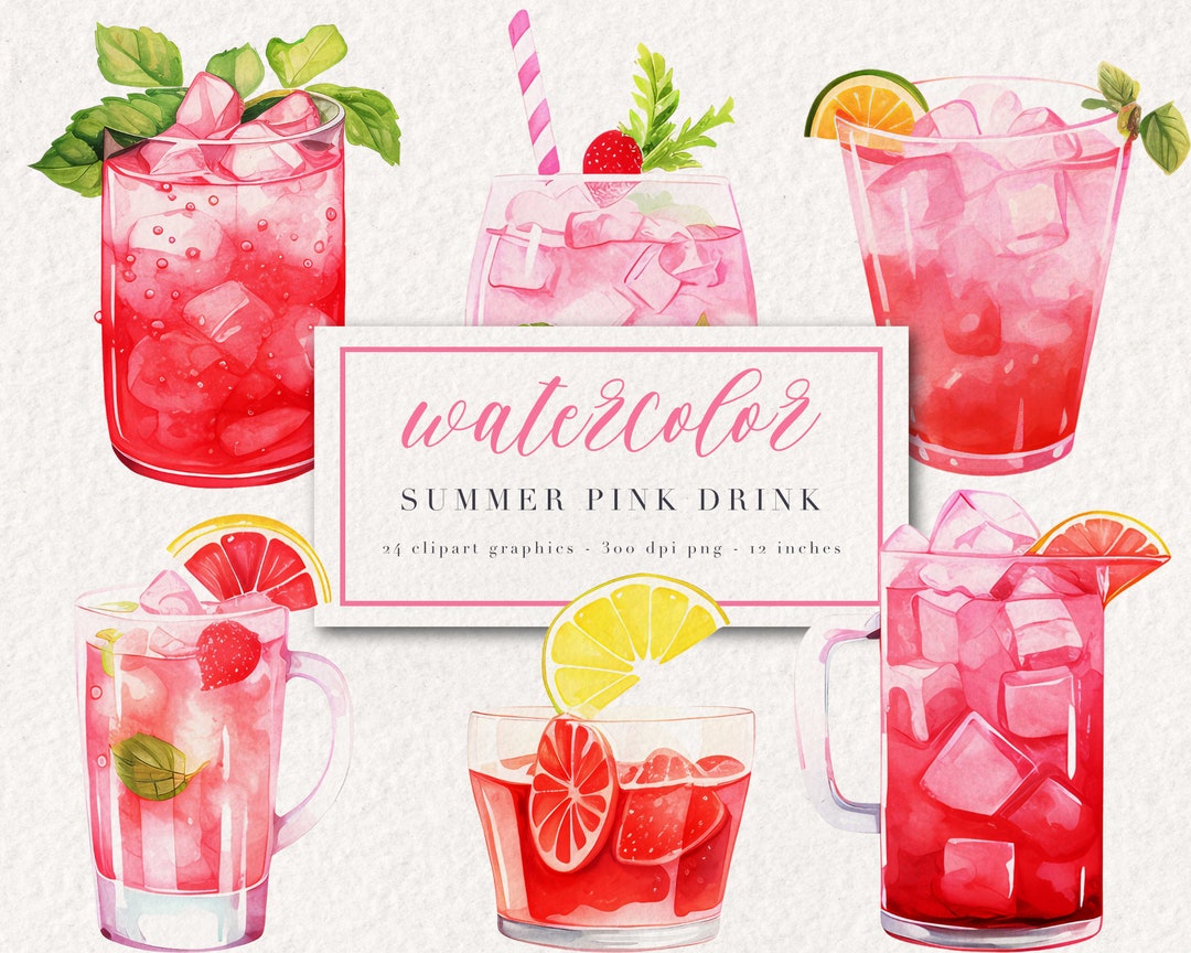 Watercolor Summer Pink Drink Clipart - Watercolor Birthday Drink ...