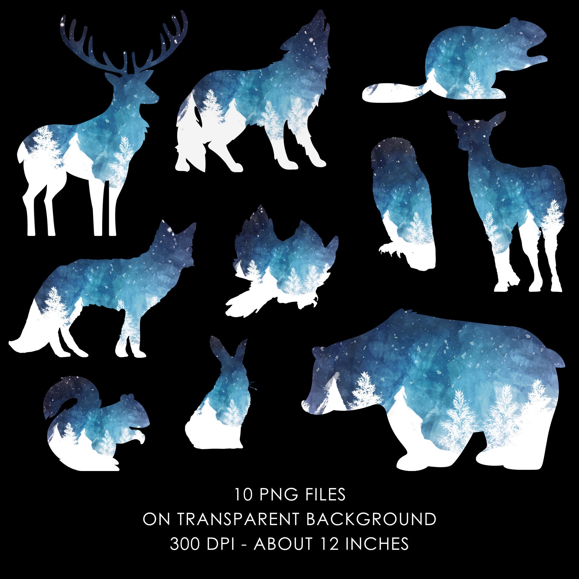 Watercolor Animal Silhouettes, Winter Forest Animals Clipart, Pine ...