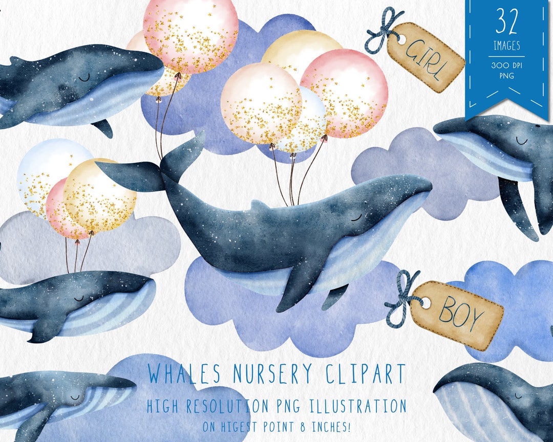 Nursery Whales Watercolor Cliparts, Whale Watercolor Clipart, Whale ...
