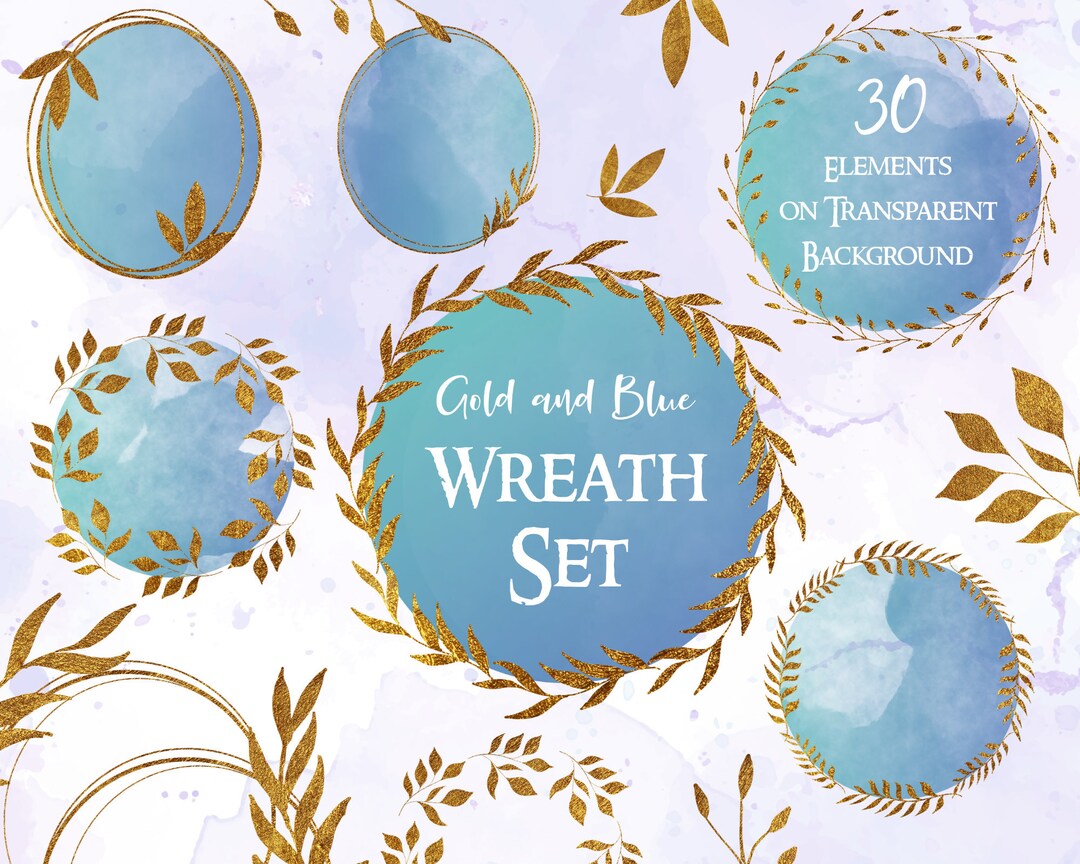 Watercolor Frame Overlays, Blue Wreath Clipart, Gold Wreaths With Blue ...