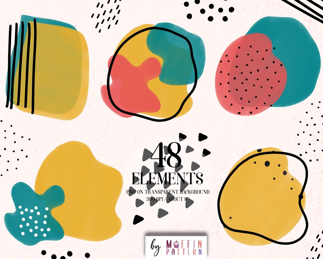 Mid Century Shapes Clipart, Abstract Elements Paste Yellow and Mint ...