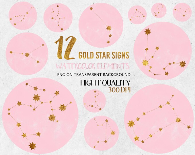 Gold Zodiac Constellations Clipart: Pink Watercolor Astrology (PNG ...