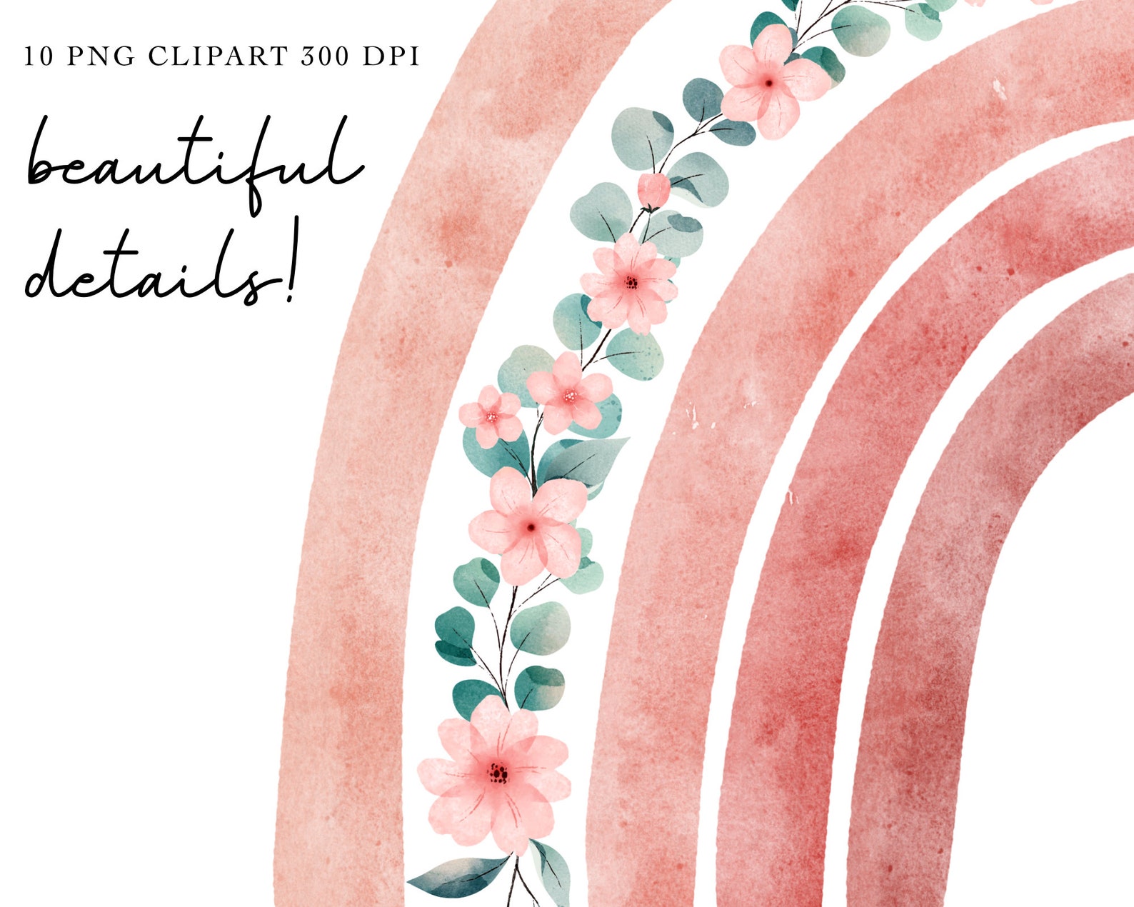 Boho Rainbow Floral Watercolor Clipart Set, Pastel Dusty Pink Flowers ...
